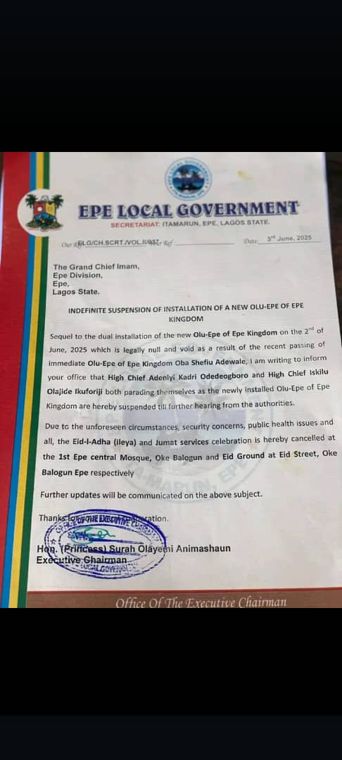 Eko-Epe Kingship Crisis Deepens as LG Chairman Suspends Installation of ...